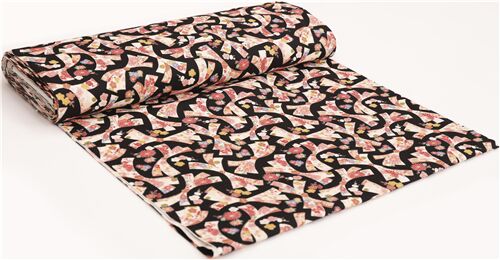 Schwarzer Stoff mit bunten Blumen und korallenroten creme Schleifen aus ...