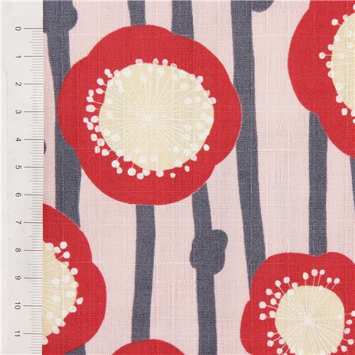Bright peach pink dobby fabric with red flowers from Japan - modeS4u