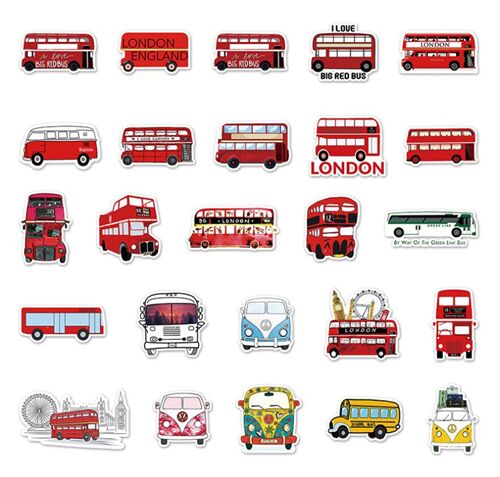 Bus 50 unique designs diecut stickers schoolbus London red vintage ...