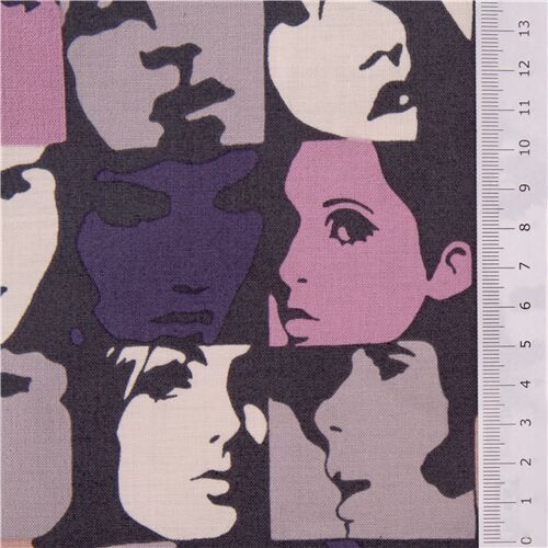 Checker fabric grey purple pop art faces by Alexander Henry - modeS4u