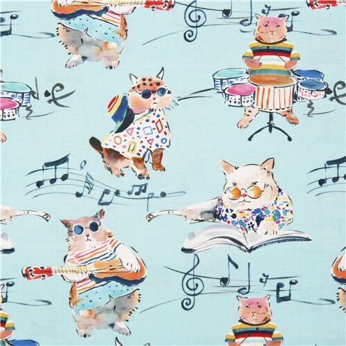 Colorful music cats notes Michael Miller blue cotton fabric Fabric by ...