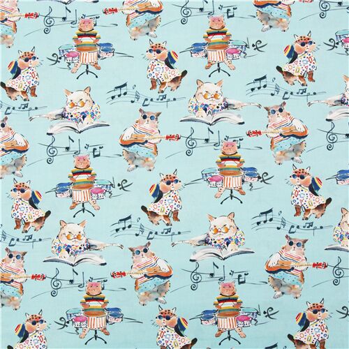 Colorful music cats notes Michael Miller blue cotton fabric - modeS4u