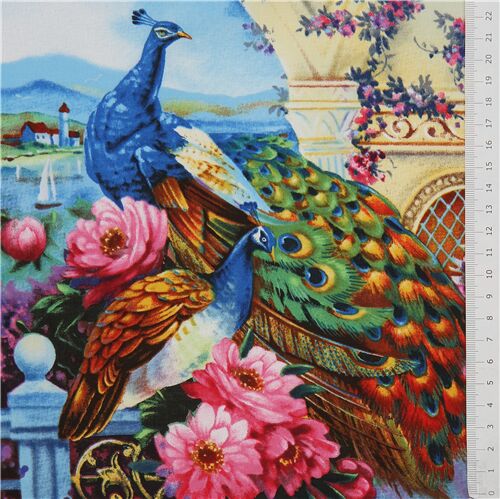 Elizabeth's Studio colorful peacock panel fabric - modeS4u