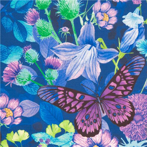 Forest flower butterfly blue panel fabric Timeless Treasure - modeS4u