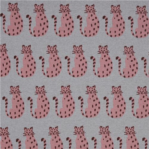 Jacquard knit fabric in grey with pink spotted cats by Kokka Fabric by ...