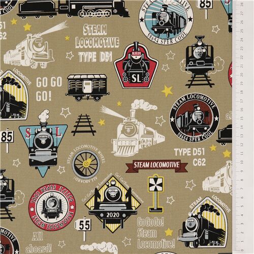 Kokka Army Green Locomotive Steam Train Cotton Oxford Fabric Modes4u