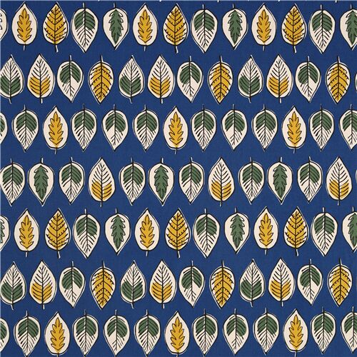 Kokka Blue Green White Yellow Leaves Cotton Oxford Fabric Modes4u