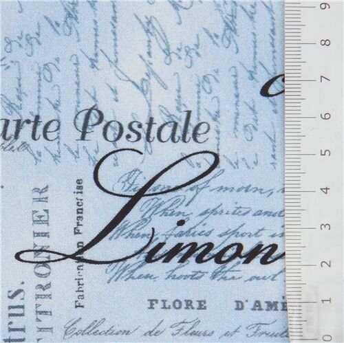 Michael Miller blue fabric with cursive writing - modeS4u