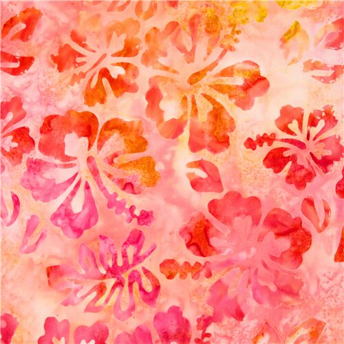 Remnant (31 x 112 cm) - Michael Miller coral batik fabric with hibiscus ...