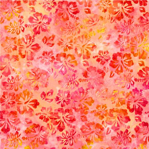 Remnant (31 x 112 cm) - Michael Miller coral batik fabric with hibiscus ...