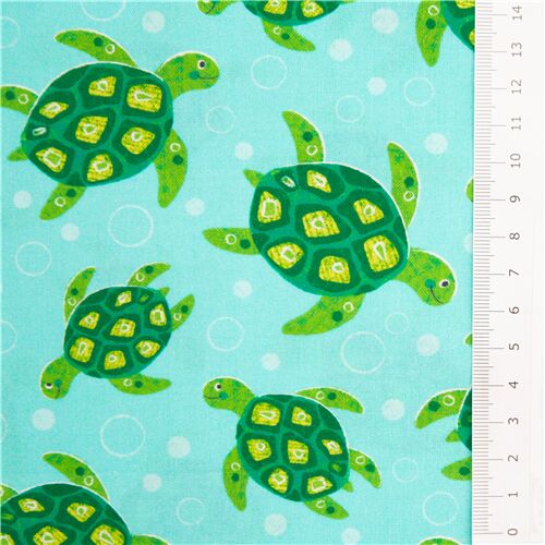 Michael Miller light aqua cotton fabric with smiling green turtles ...