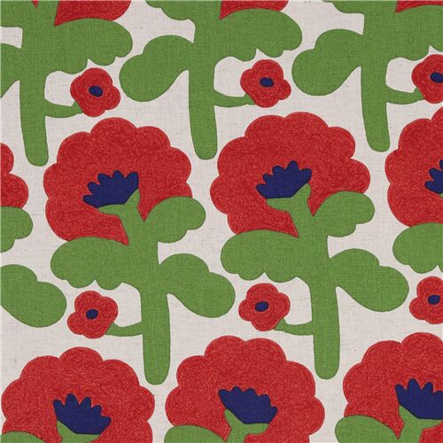 Natural color canvas fabric with red flowers in rows from Japan Fabric ...