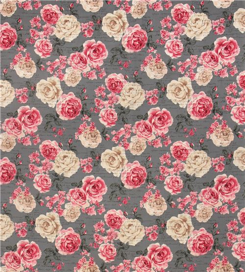 Remnant 23 cm - Quilt Gate flower fabric in grey with retro design and ...