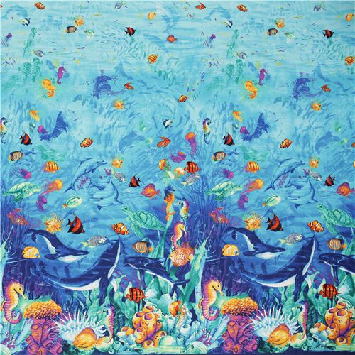 Rainbow marine life blue sea Timeless Treasures panel fabric - modeS4u
