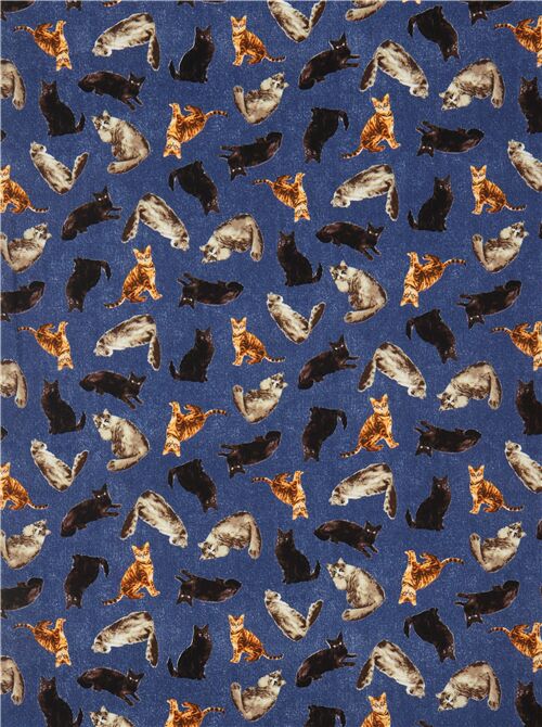 Robert Kaufman denim blue tossed cat fabric - modeS4u