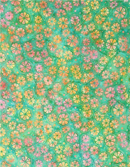Robert Kaufman lime green batik fabric with oranges - modeS4u