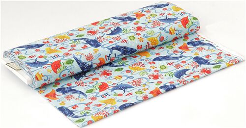 Sea life blue Cosmo cotton fabric marine animal whale shark - modeS4u