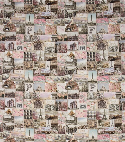 retro Paris linen like patchwork fabric with Eiffel Tower - modeS4u