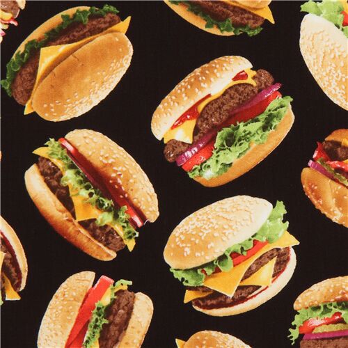 Timeless Treasures black fabric with tossed hamburger pattern Fabric by ...