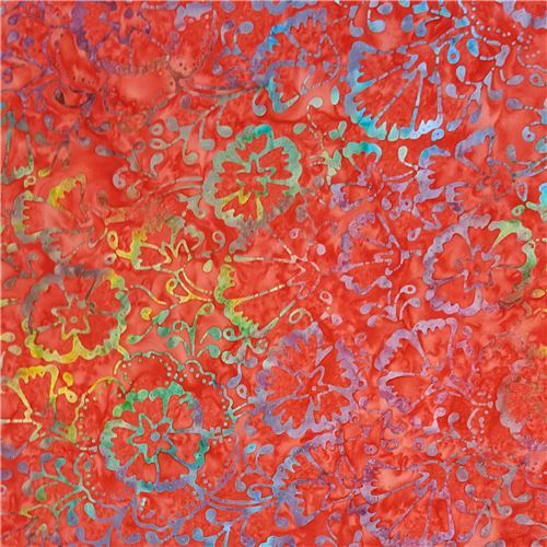 Stoffrest (46 x 112 cm) - Rot gebatikter Stoff mit Ranken und Blüten ...