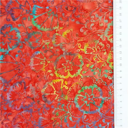 Stoffrest (46 x 112 cm) - Rot gebatikter Stoff mit Ranken und Blüten ...