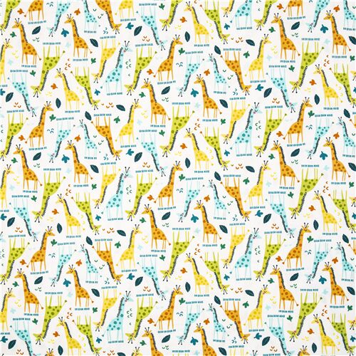Tumbling colorful giraffes white cotton fabric Michael Miller - modeS4u