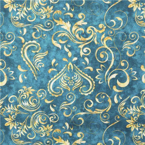 Turquoise fabric by Quilting Treasures with elegant foliage scrolling ...