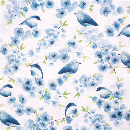 White cotton fabric watercolor blue birds blooms Michael Miller Fabric ...