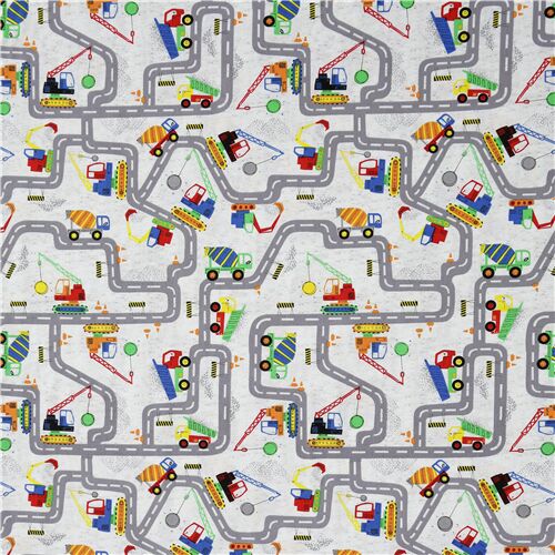 White road map colorful vehicles fabric Timeless Treasures - modeS4u