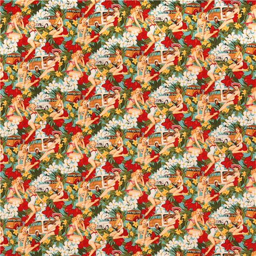 aqua Mahalo Girls Alexander Henry Pin up women fabric USA Fabric by ...