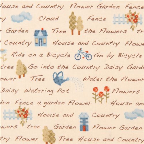 beige Lecien fabric word flower house Fabric by Lecien - modes4u