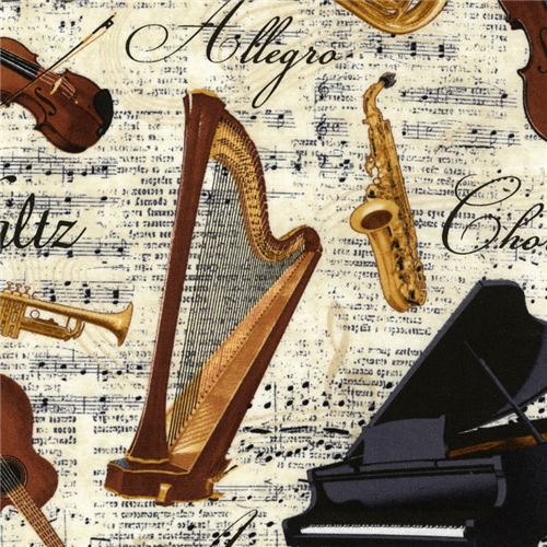 beige with brown black music instrument piano fabric by Timeless ...