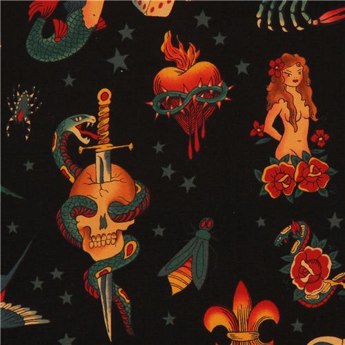 black Alexander Henry fabric with tattoo paintings Fabric by Alexander ...