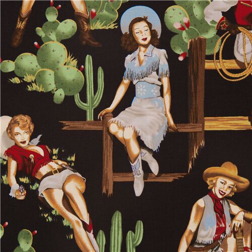 black From The Hip Cowboy Pin up fabric Alexander Henry rancher girls ...