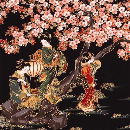 black Japanese geisha Asia fabric Robert Kaufman USA Fabric by Robert ...