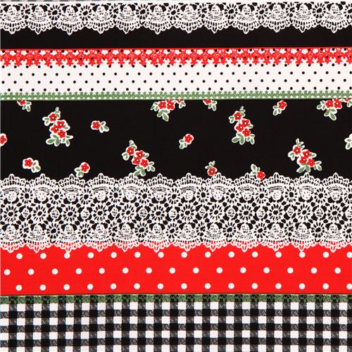 black Michael Miller stripe fabric lace pattern Fabric by Michael ...
