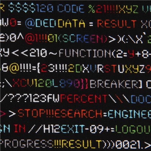 black Timeless Treasures fabric with colorful computer text Fabric by ...