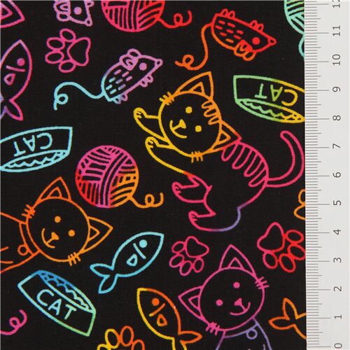 black Timeless Treasures fabric with tossed colorful cat pattern - modeS4u