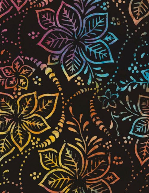 Tela batik negra de Timeless Treasures con flores y hojas de colores ...