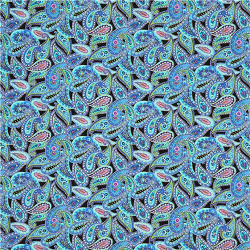 black blue Paisley metallic fabric Timeless Treasures Mystique Fabric ...