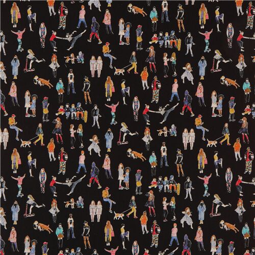 Remnant (33 x 110 cm) - black canvas fabric with people by Cosmo - modes4u