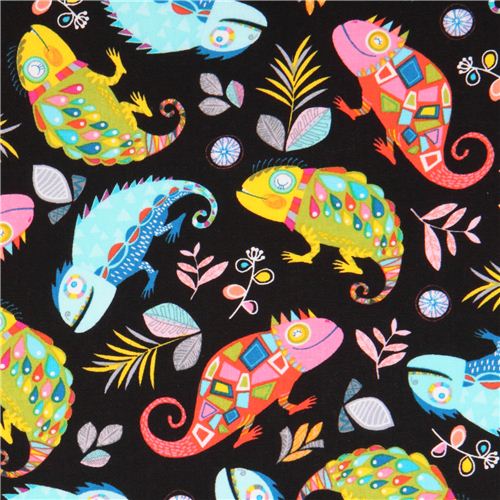 black colorful chameleon animal fabric Timeless Treasures Fabric by ...