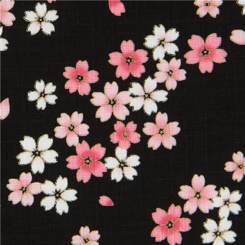 Tela Japonesa Tramada Dobby En Negro Con Pequeñas Flores Sakura Fabric