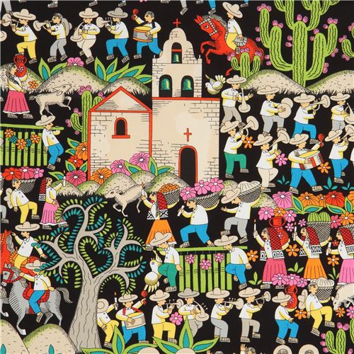 black fabric by Alexander Henry with colorful Mexican town design - modeS4u
