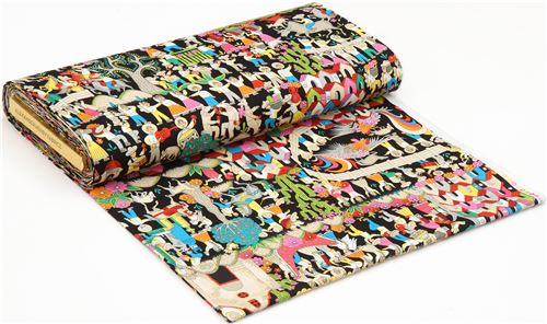 black fabric by Alexander Henry with colorful Mexican town design - modeS4u