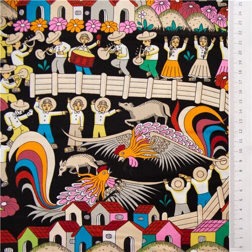 black fabric by Alexander Henry with colorful Mexican town design - modeS4u