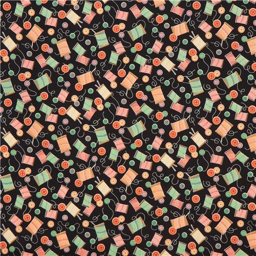 black fabric with colorful spools of thread button Quilting Treasures ...