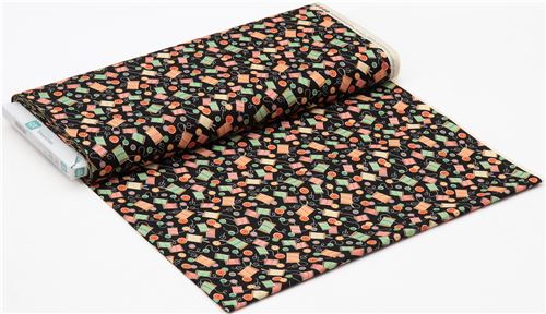 black fabric with colorful spools of thread button Quilting Treasures ...