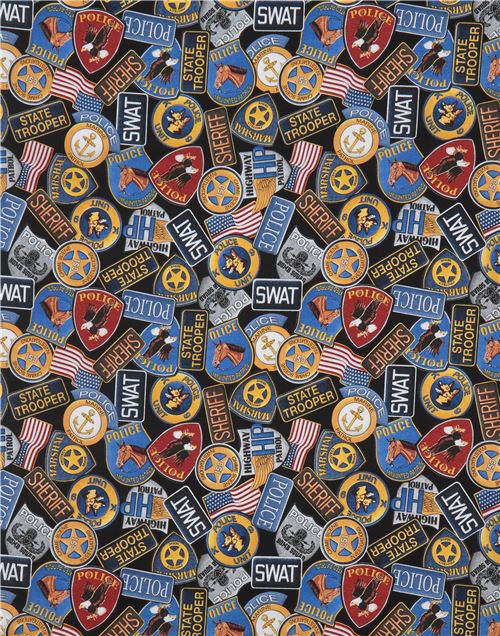 black fabric with police badge Quilting Treasures Fabric by Japanese ...