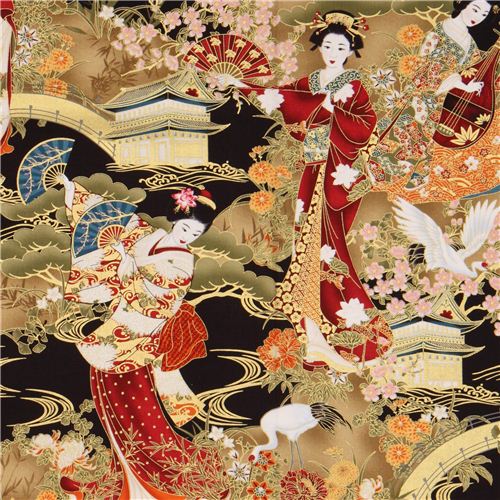 Tissu Timeless Treasures noir, geishas, fleurs et dorures Fabric by ...